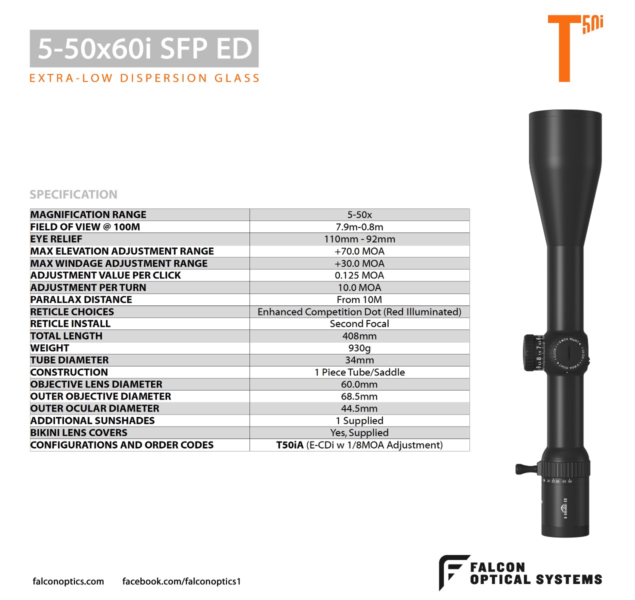Falcon T50i 5-50x60i ED SFP E-CDi 1/8MOA 34mm Field Target Bench Rest ...